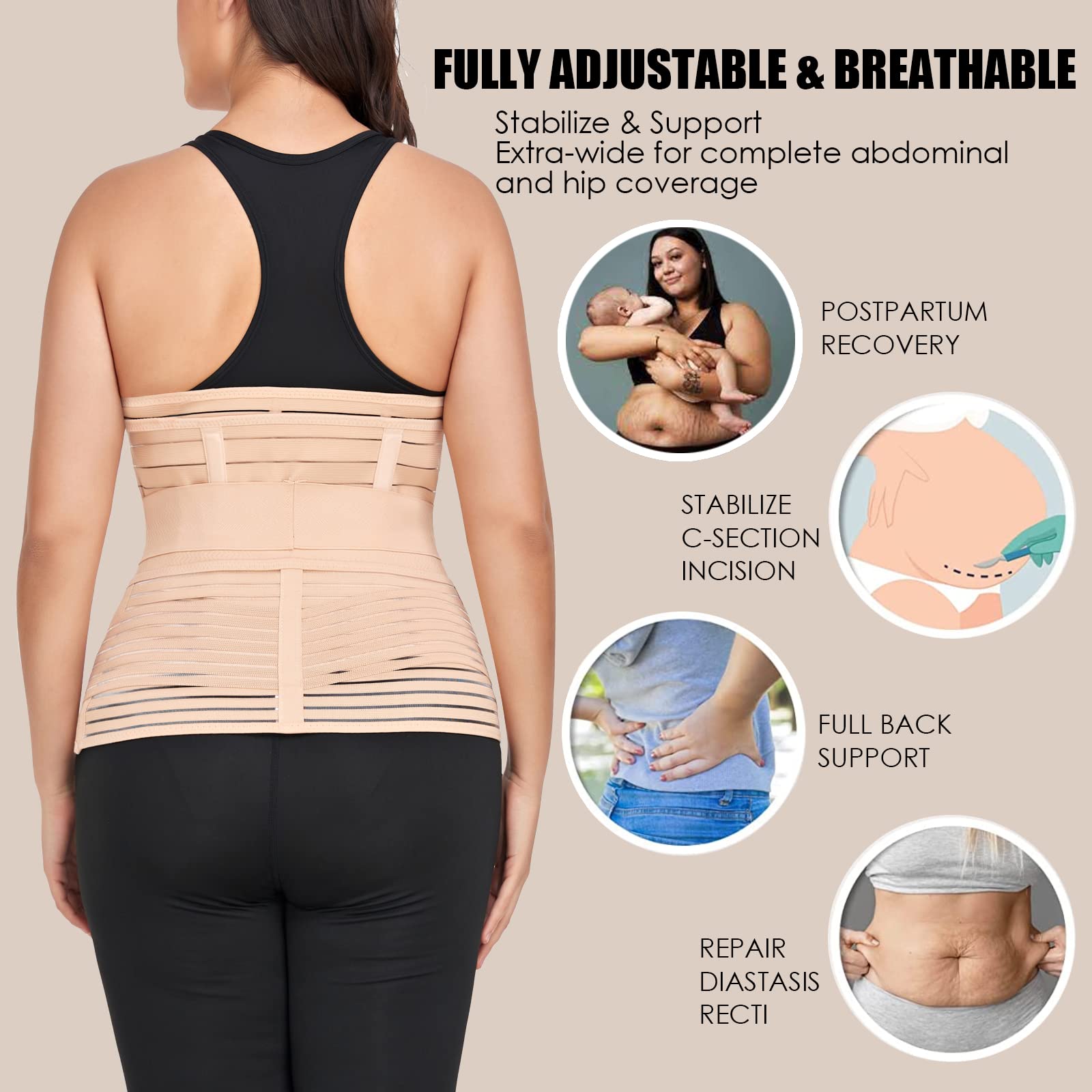 3 in 1 Postpartum Belly Band Wrap Support Recovery Girdles Abdominer Binder Post Surgery Belly&Waist&Pelvis Support Belt & Back Brace (Beige, Large)