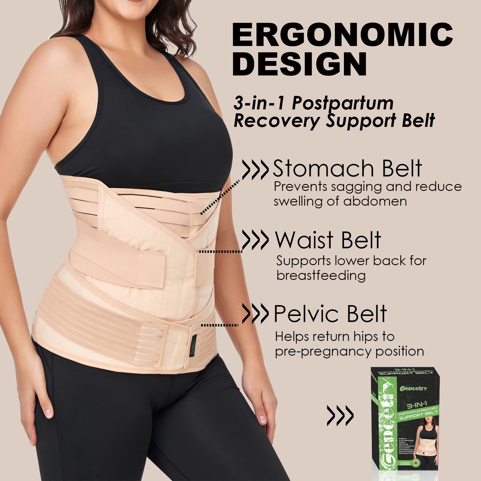 3 in 1 Postpartum Belly Band Wrap Support Recovery Girdles Abdominer Binder Post Surgery Belly&Waist&Pelvis Support Belt & Back Brace (Beige, Large)