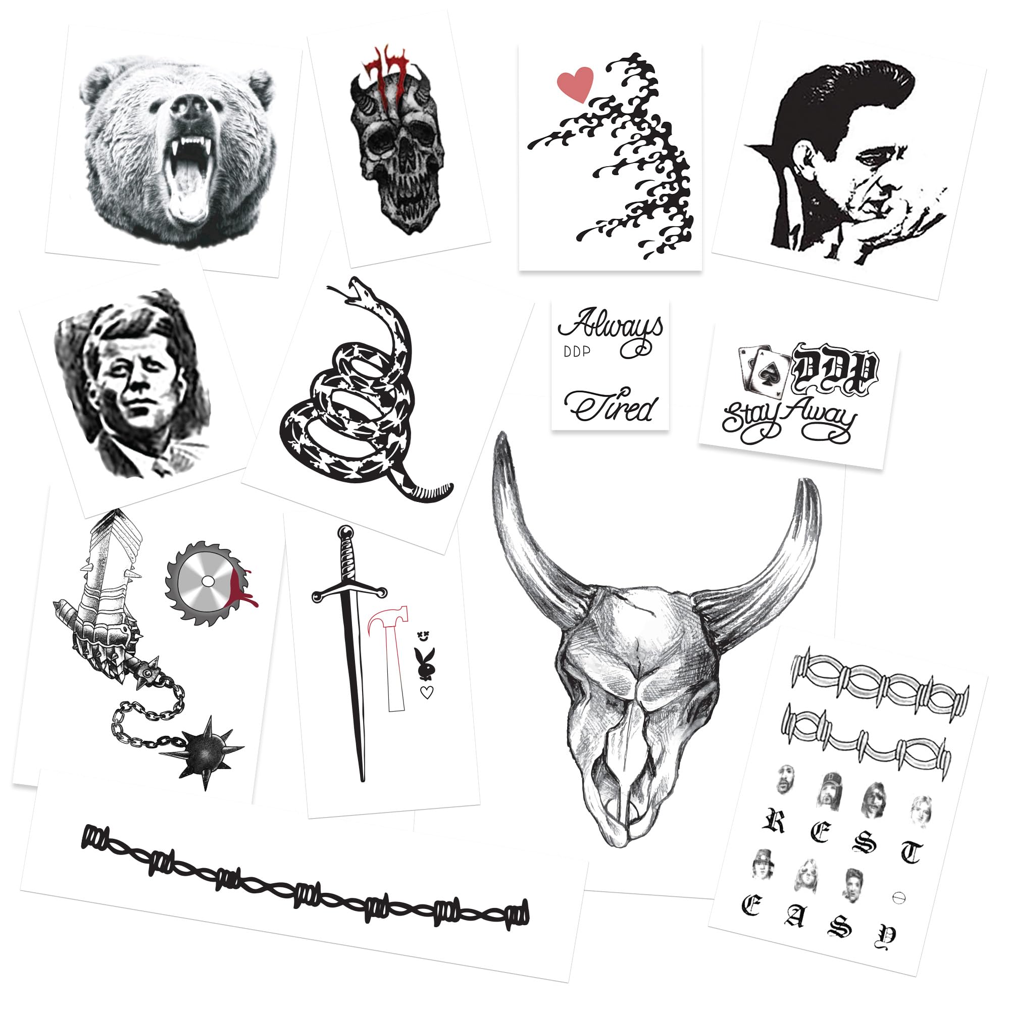 FashionTats Cosplay POST Male Singer Temporary Tattoos -UPDATED 2023- to include DDP, Skull, Flail, Circular Saw & Hammer | HAND & FACE TATTOOS | Skin Safe | MADE IN THE USA | Removable