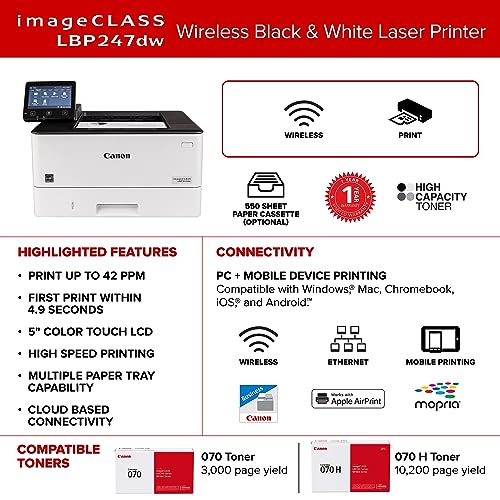 Canon imageCLASS LBP247dw Wireless, Mobile Ready, Duplex Laser Printer with 5 inch Color Touchscreen