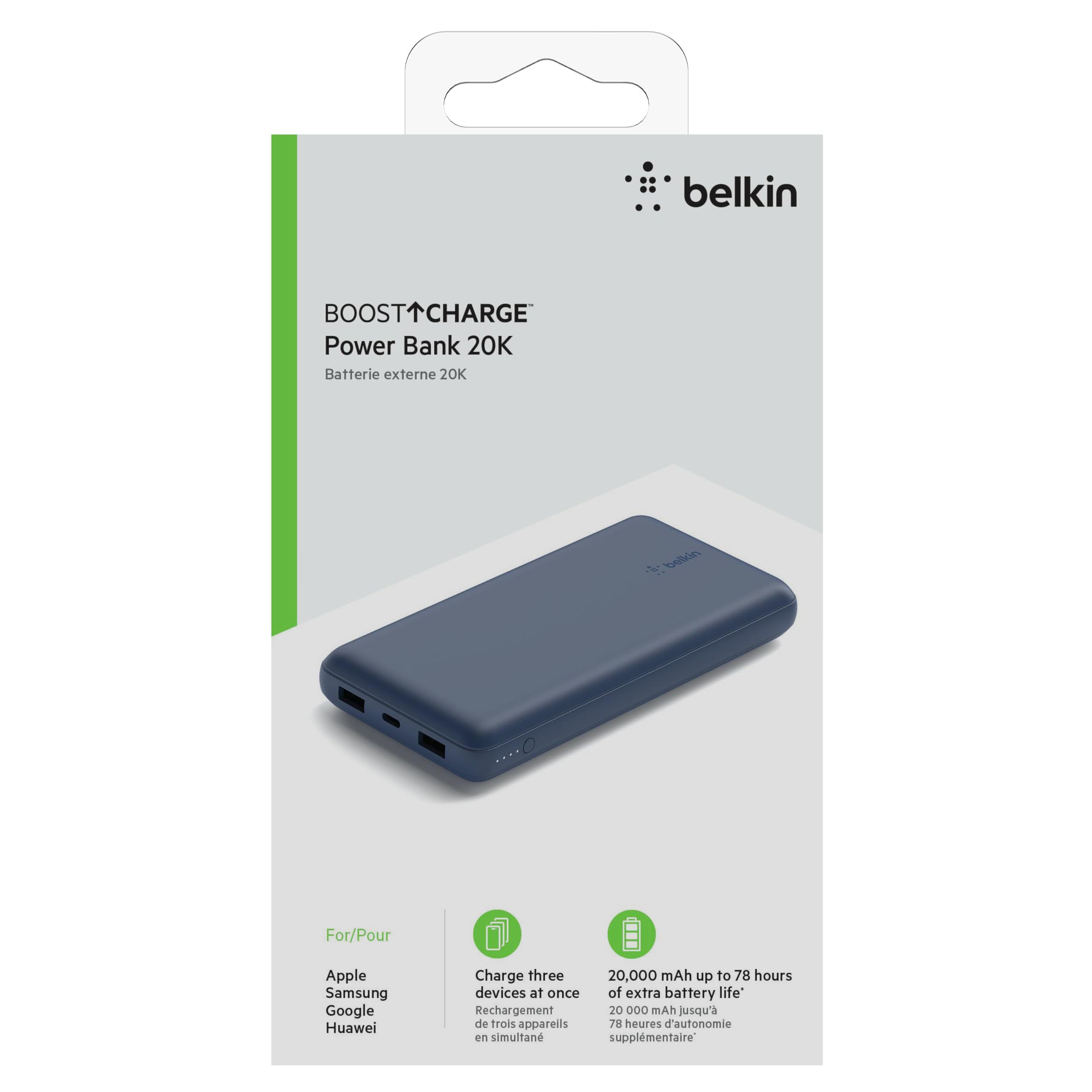 Belkin BoostCharge USB-C Portable Charger 20k Power Bank w/ 1 USB-C Port and 2 USB-A Ports with USB-C to USB-A Cable for iPhone 15, 15 Plus, 15 Pro, 15 Pro Max, Samsung Galaxy S24, & More - Blue