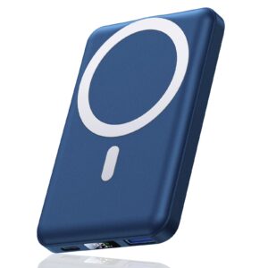 aoguerbe magnetic wireless portable charger, 10000mah wireless power bank pd 22.5w fast charging with usb-c led display mag-safe battery pack compatible for iphone 15/14/13/12 pro/mini/pro max（blue）