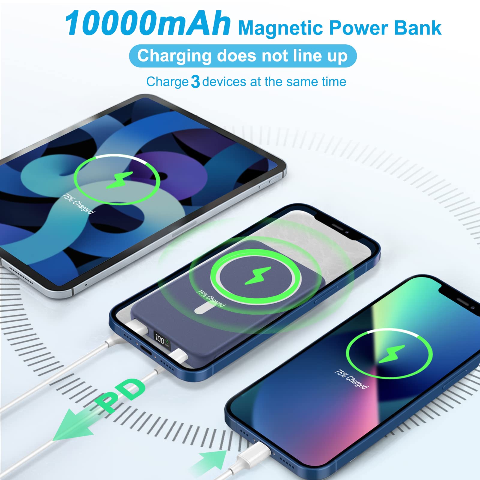 AOGUERBE Magnetic Wireless Portable Charger, 10000mAh Wireless Power Bank PD 22.5W Fast Charging with USB-C LED Display Mag-Safe Battery Pack Compatible for iPhone 15/14/13/12 Pro/Mini/Pro Max（Blue）