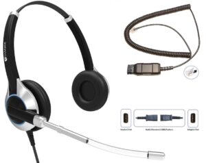 deluxe double ear headset with noise reduction voice tube & his cable for avaya ip 1608, 1616, 9601, 9608, 9611, 9611g, 9620, 9621, 9630, 9631, 9640, 9641, 9650, 9670, j139, j159, j169 and j179 phones