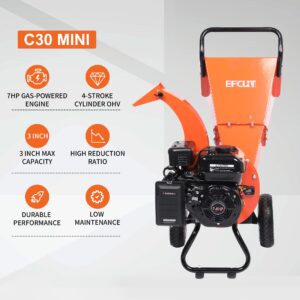 EFCUT C30 Mini Wood Chipper Shredder Mulcher Heavy Duty 7 HP 212cc Gas Powered Engine 3" Inch Max Wood Diameter Capacity Compact Design