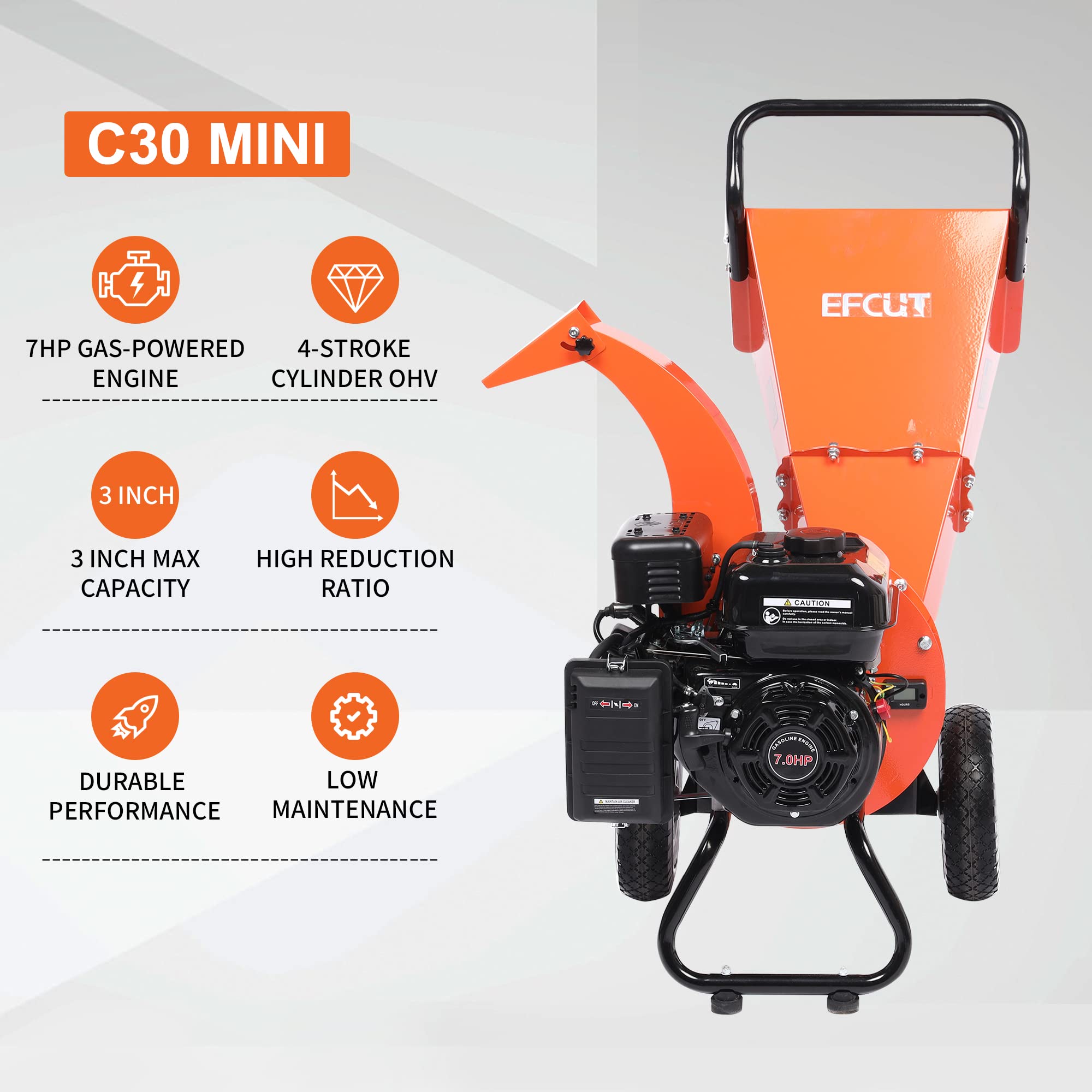 EFCUT C30 Mini Wood Chipper Shredder Mulcher Heavy Duty 7 HP 212cc Gas Powered Engine 3" Inch Max Wood Diameter Capacity Compact Design