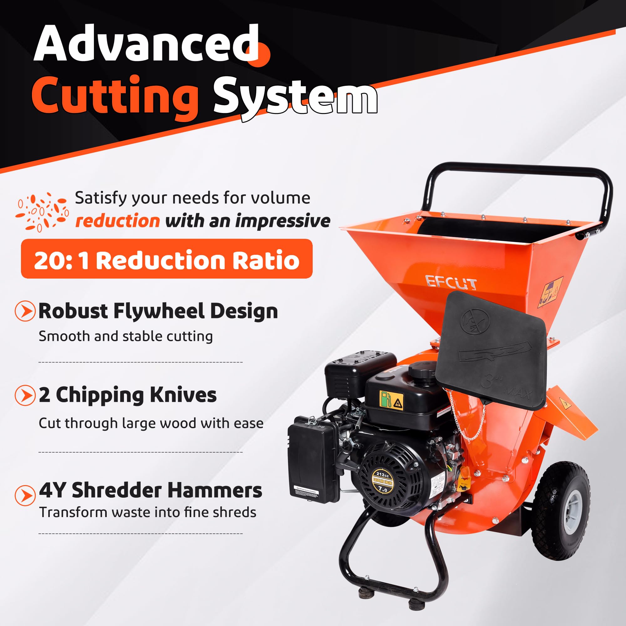 EFCUT Wood Chipper Shredder Mulcher Heavy Duty 7HP Gas Powered 3 in 1 Multi-Function 3" Inch Max Wood Diameter Capacity