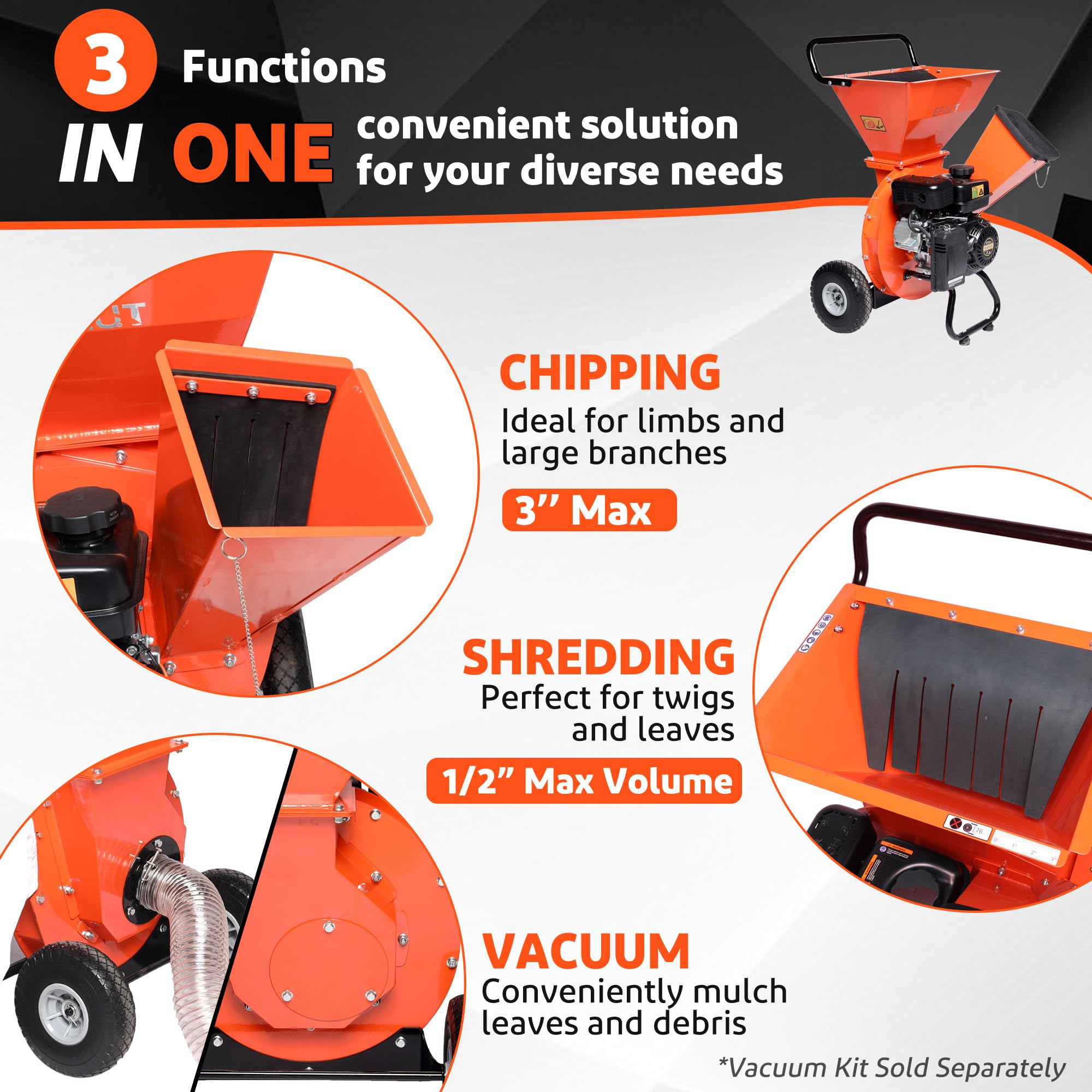 EFCUT Wood Chipper Shredder Mulcher Heavy Duty 7HP Gas Powered 3 in 1 Multi-Function 3" Inch Max Wood Diameter Capacity