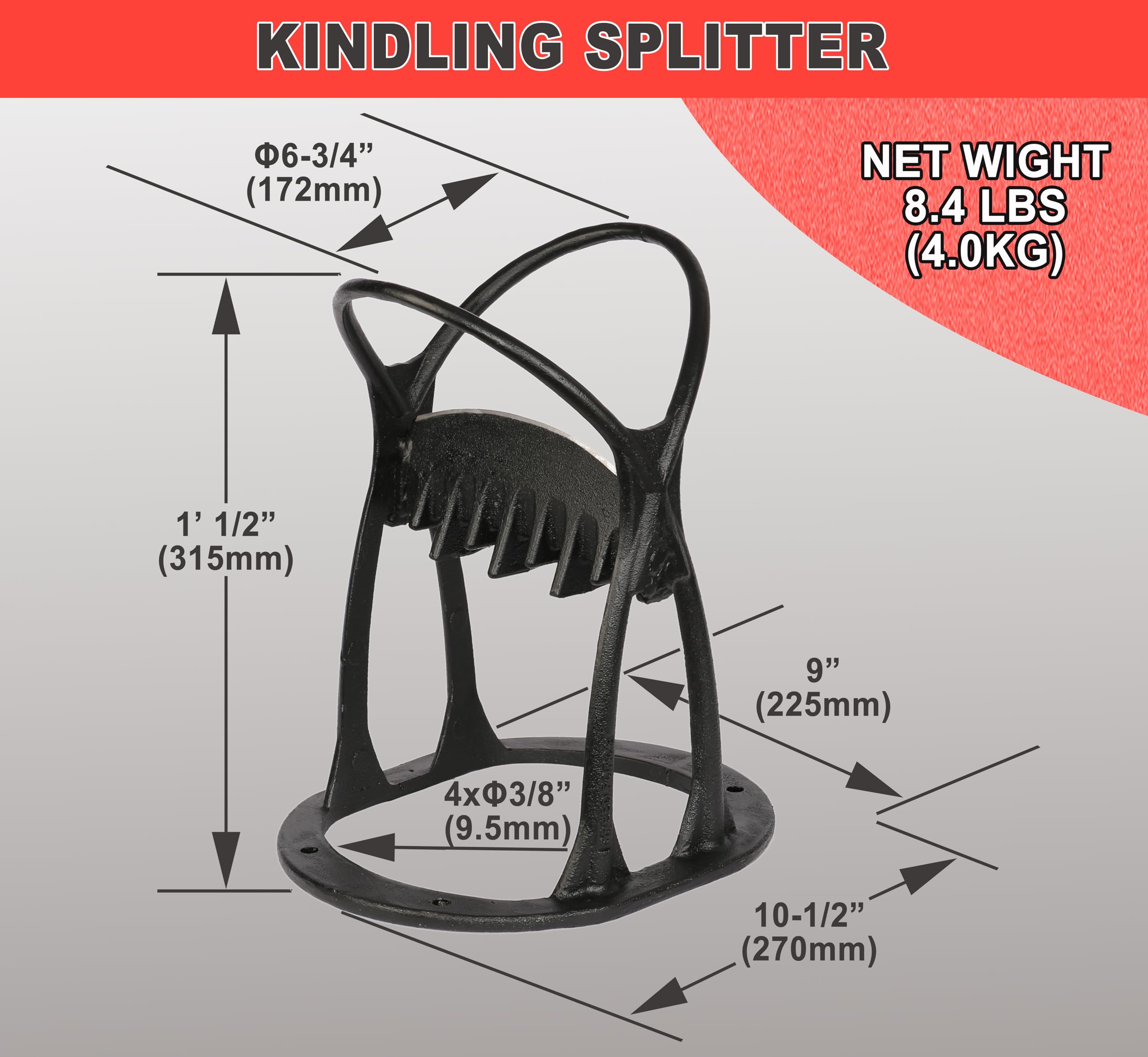 Kindling Splitter, Wood Splitter, Log Splitter, Manual Log Splitter, Firewood Splitter, Full Body Made from CAST Steel, Black