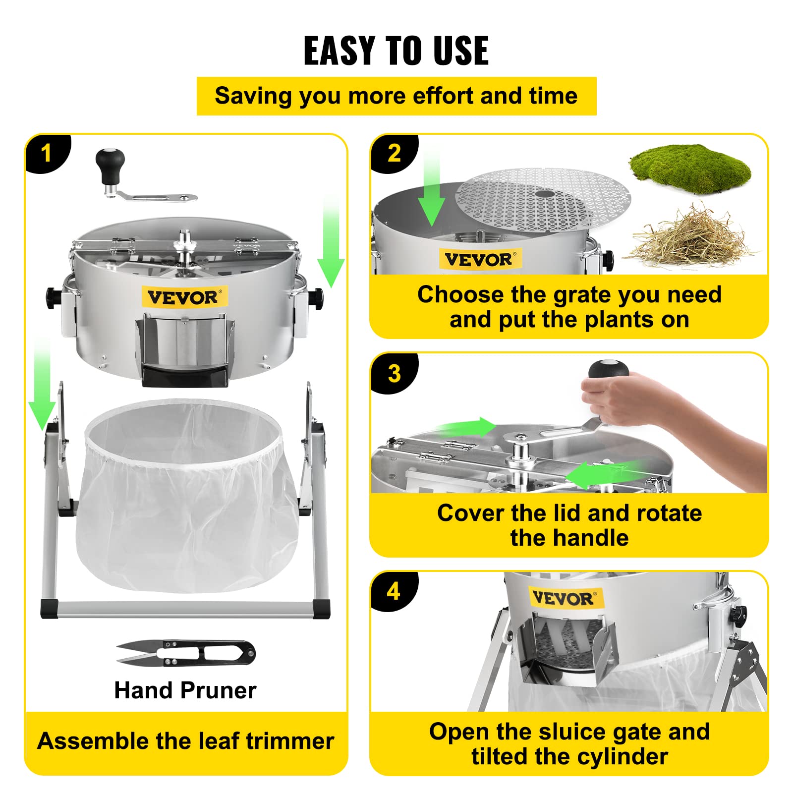 VEVOR Bud Leaf Trimmer, 16 inch Manual, Hydroponic Dry and Wet Plant Trimming Machine w/Sharp Stainless Steel Blades & Solid Metal Gearbox & Hand Pruner, Twisted Spin Cut for Herbs, Flowers, Silver