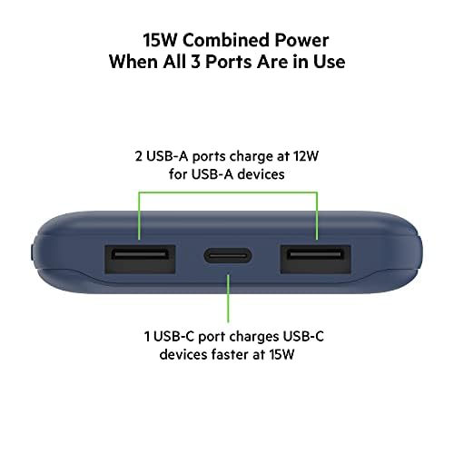 Belkin BoostCharge USB-C Portable Charger 10K Power Bank w/ 1 USB-C Port and 2 USB-A Ports & Included USB-C to USB-A Cable for iPhone 15, 15 Plus, 15 Pro, 15 Pro Max, Samsung Galaxy S24 & More - Blue