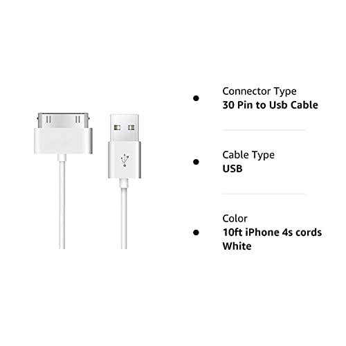 kiidoo Charging Cable, 10ft 30 Pin to USB Charger Cable Charge Cord for iPhone 4/4s, iPhone 3G/3GS, iPad 1/2/4, iPod [White]