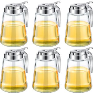 mimorou syrup dispenser set of 6 glass bottle honey maple syrup pitcher with retracting spout plastic lid syrup containers for restaurants sugar pancake coffee, 12 oz