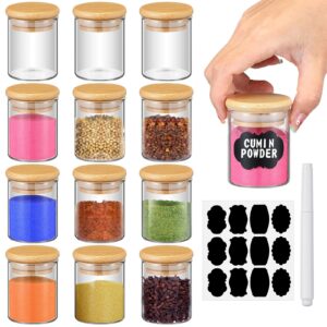 roshtia glass spice jars with bamboo airtight lids labels and chalk marker food storage container clear spice storage bottle for kitchen, spice, herbs, seasoning, seed, tea, sugar (12 pcs,2.5 oz)