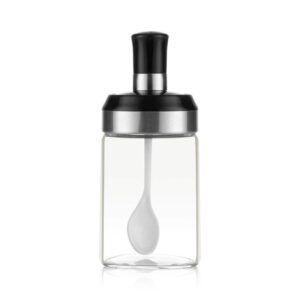 boiling point sauce jar sugar container glass jar combination spoon with lid canisters storing seasoning spices salt sugar for kitchen counter food storage with decorative sticker 9.7oz / 280ml