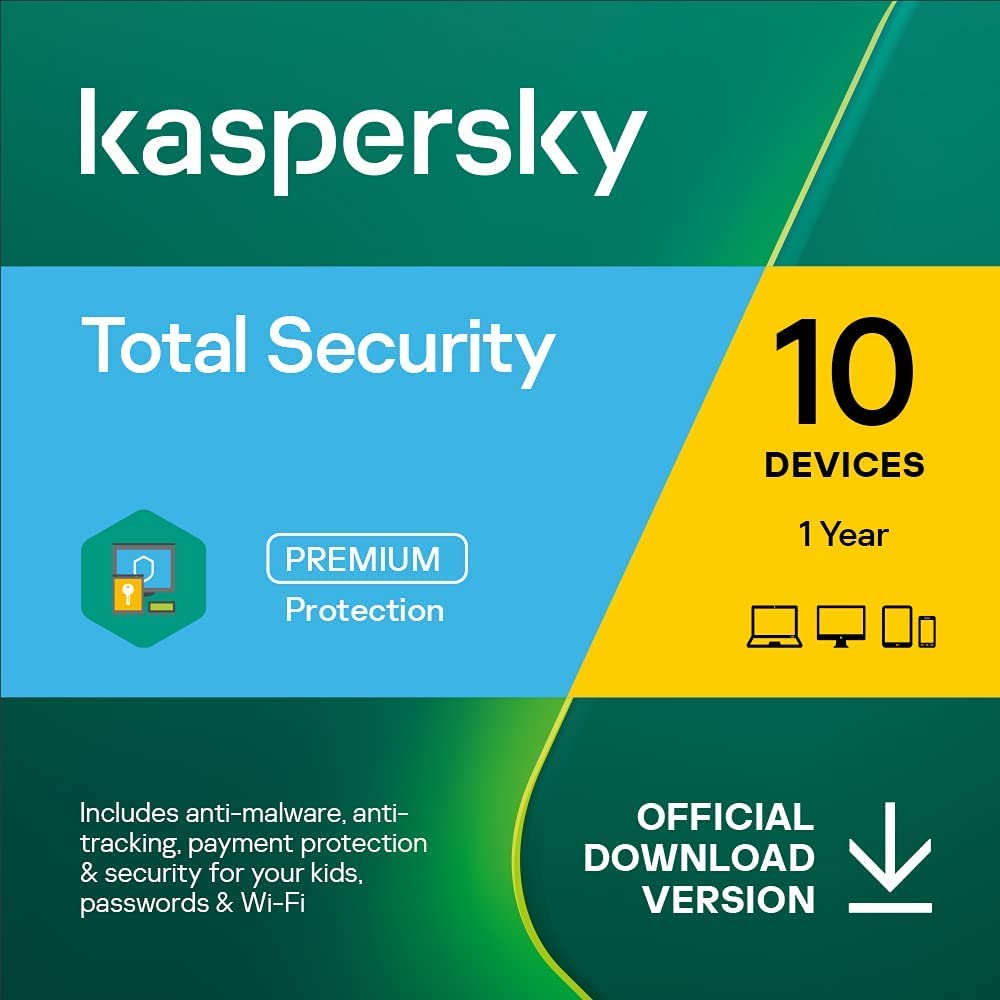 Kaspersky Total Security 2023 | 10 Devices | 1 Year | Antivirus, Secure VPN and Password Manager Included | PC/Mac/Android | Online Code