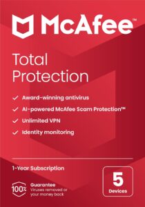 mcafee total protection 2024 | 5 device | cybersecurity software includes antivirus, secure vpn, password manager, dark web monitoring | key card