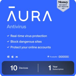 Aura Antivirus | Internet Security | 10 Devices | Includes VPN, Password Manager, Breach Alerts, Anti-Track, Dark Web Monitoring | Antivirus Plan, 1 Year Prepaid Subscription [PC/Mac Online Code]