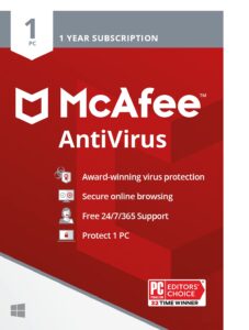 mcafee antivirus protection | 1 pc (windows)| internet security software | 1 year subscription | key card