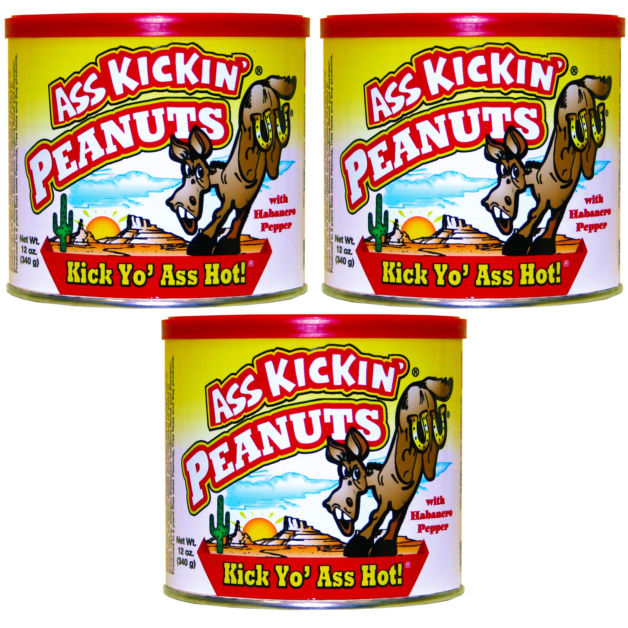 ASS KICKIN’ Habanero Pepper Spicy Hot Peanuts – 12oz - Ultimate Spicy Gourmet Gift Peanuts - Try if you dare! 3 Cans