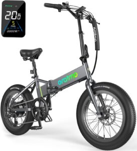 oraimo folding electric bike for adults, 750w brushless motor(peak 1000w), 48v 12ah hidden battery up to 50 miles, 3.5h fast charge, 20" fat tire ebike, 7 speed gear (magic gray, standard)