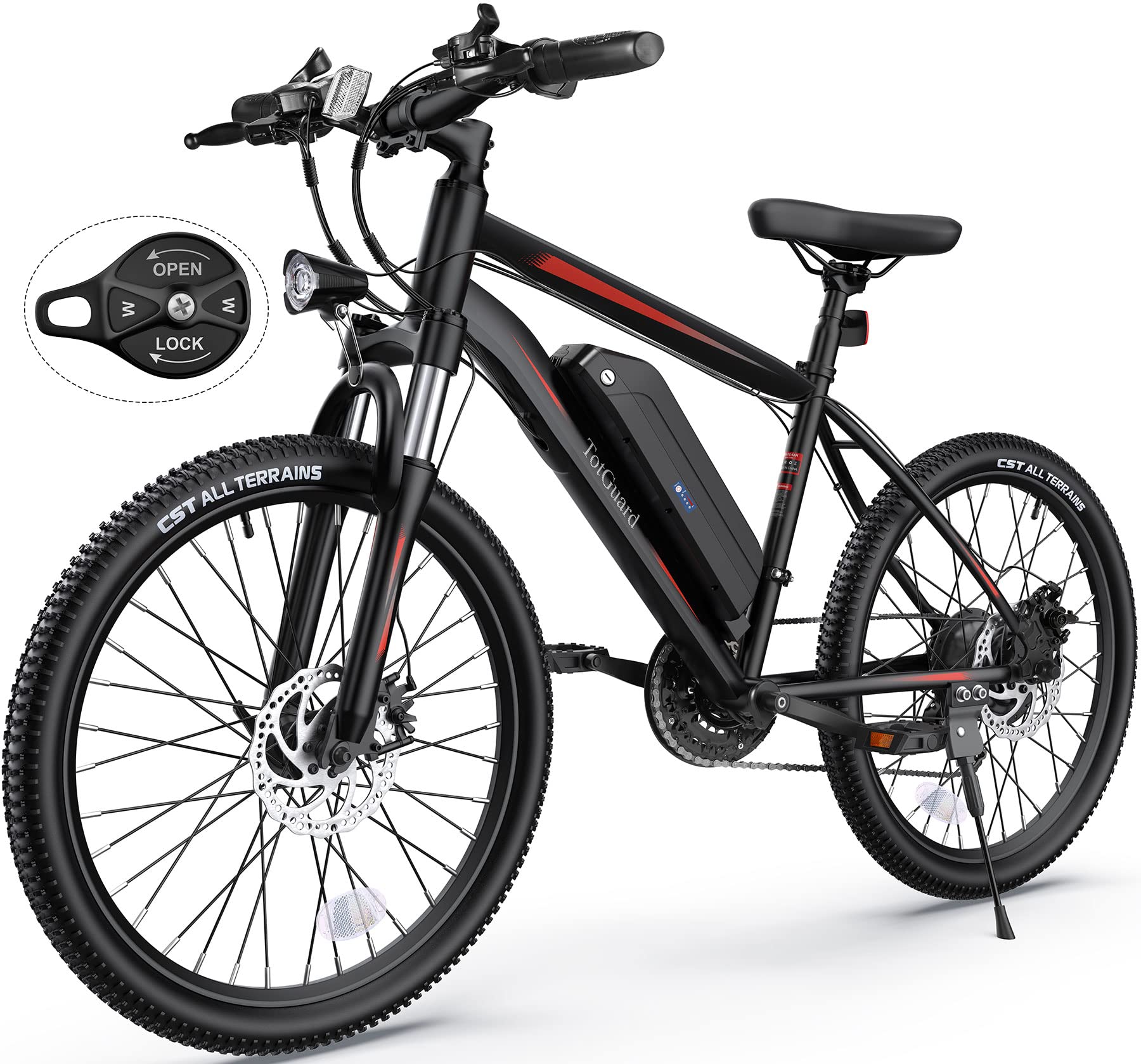 TotGuard 26" Electric Bike, 350W Motor, 19.8MPH Speed, 36V 374.4WH Battery, 21 Speed Gears, Front Suspension, Dual Disc Brakes, Aluminum Frame, LED Headlight, LCD Display, 4 Working Modes, Red