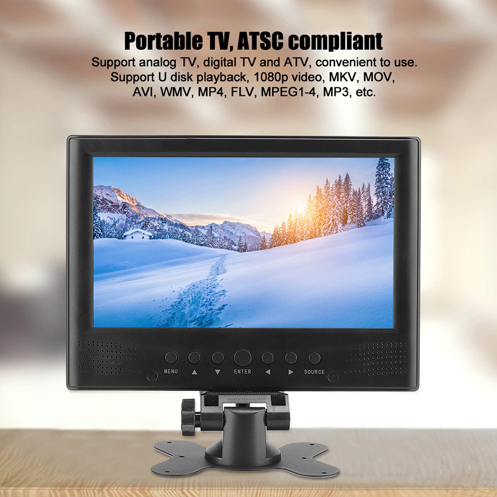 Portable TV, 1080p 9 Inch ATSC Car Digital Analog ATV Television, Support USB, TF Card, U Disk, with 1500mAh Rechargeable Battery, Bracket, 12V Car Charger