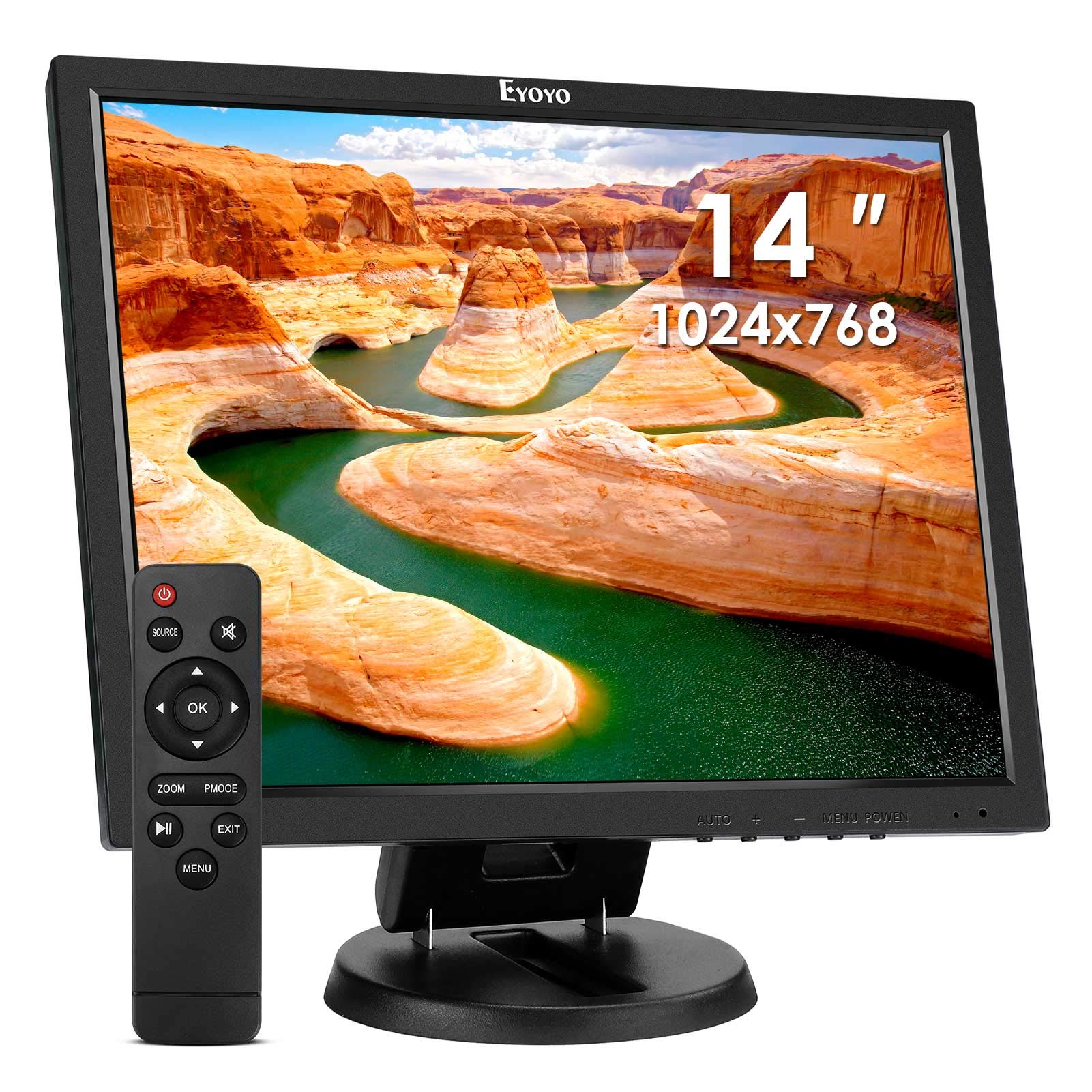 Eyoyo 14 inch LCD HDMI Monitor 1024x768 Small VGA Display Monitor for Security Cameras w/HDMI/VGA/AV/BNC Input w/Built-in Speakers and Remote