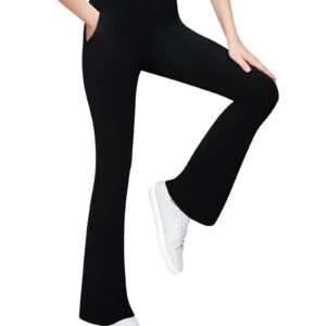 Gnainach Girls Flare Pants Size 13-14 Years Old Black High Waist Crossover Leggings with Pockets Kids Bell Bottoms for Teen Yoga Running