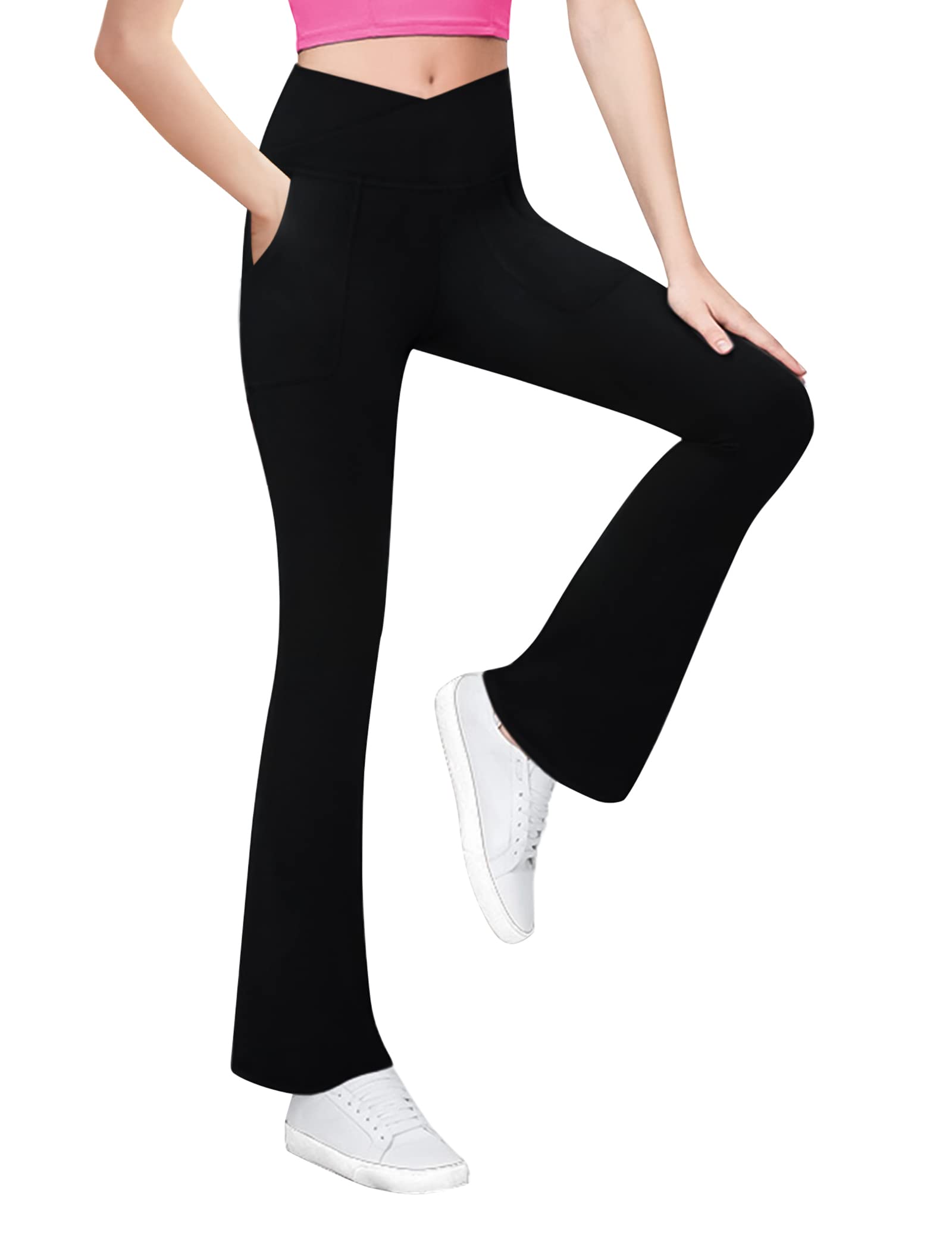 Gnainach Girls Flare Pants Size 13-14 Years Old Black High Waist Crossover Leggings with Pockets Kids Bell Bottoms for Teen Yoga Running