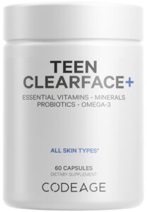 codeage teen clearface adolescent face, skin & pimples, vitamins a, c, d3, e, pantothenic acid, niacin, zinc supplement teenagers, probiotics, l-lysine, omega-3, oily skin, pores, spots - 60 capsules