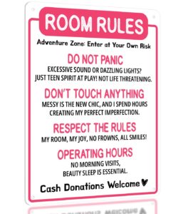 funny room rules sign - cute room decor for teen girls bedroom, pink preppy room decorations, cute teenage door sign & fun gifts for birthday and holidays (room rules)…