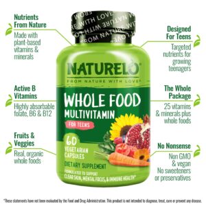 NATURELO Whole Food Multivitamin for Teens - Vitamins and Minerals for Teenage Boys and Girls - Supplement for Active Kids - with Organic Whole Foods - Non-GMO - Vegan & Vegetarian - 60 Capsules