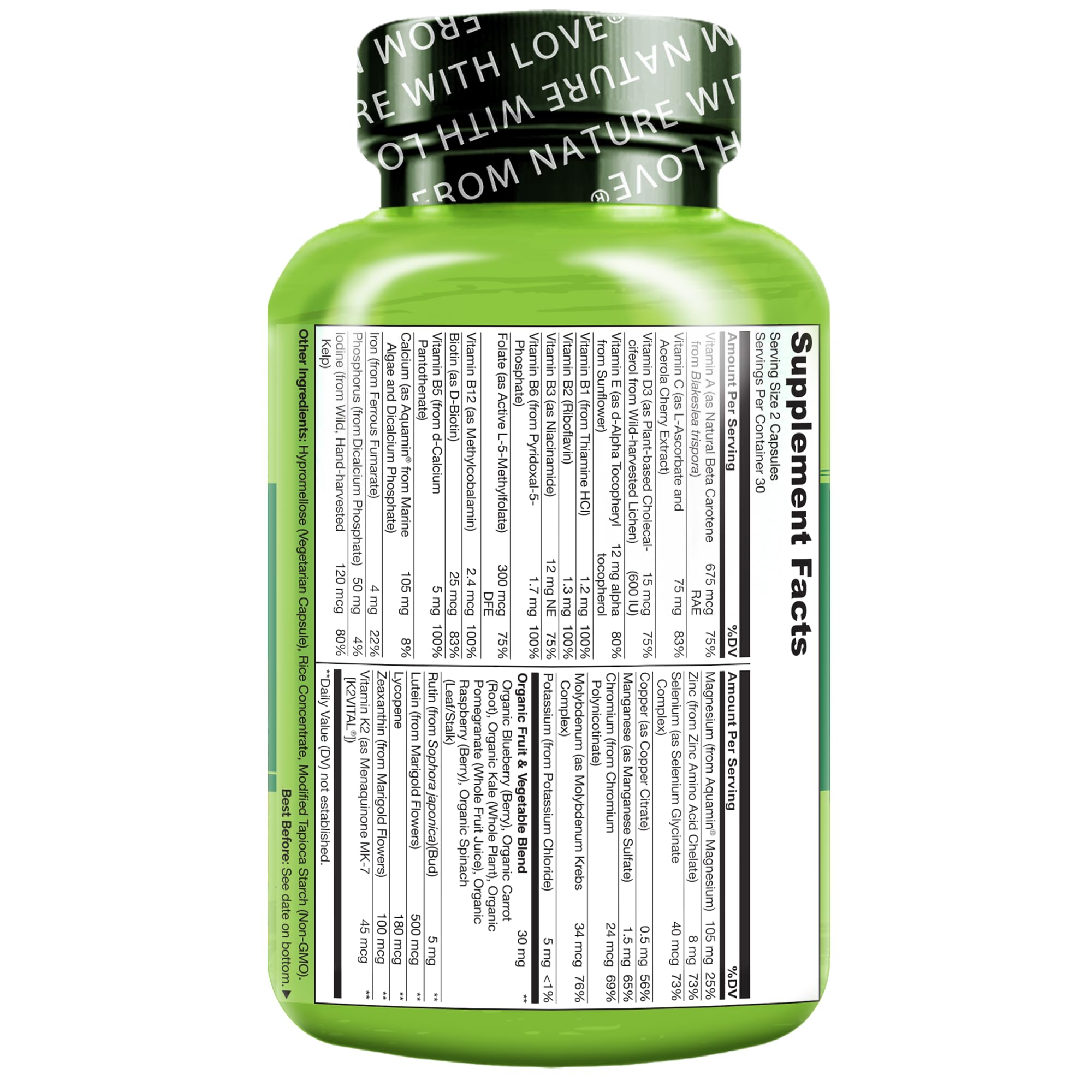 NATURELO Whole Food Multivitamin for Teens - Vitamins and Minerals for Teenage Boys and Girls - Supplement for Active Kids - with Organic Whole Foods - Non-GMO - Vegan & Vegetarian - 60 Capsules