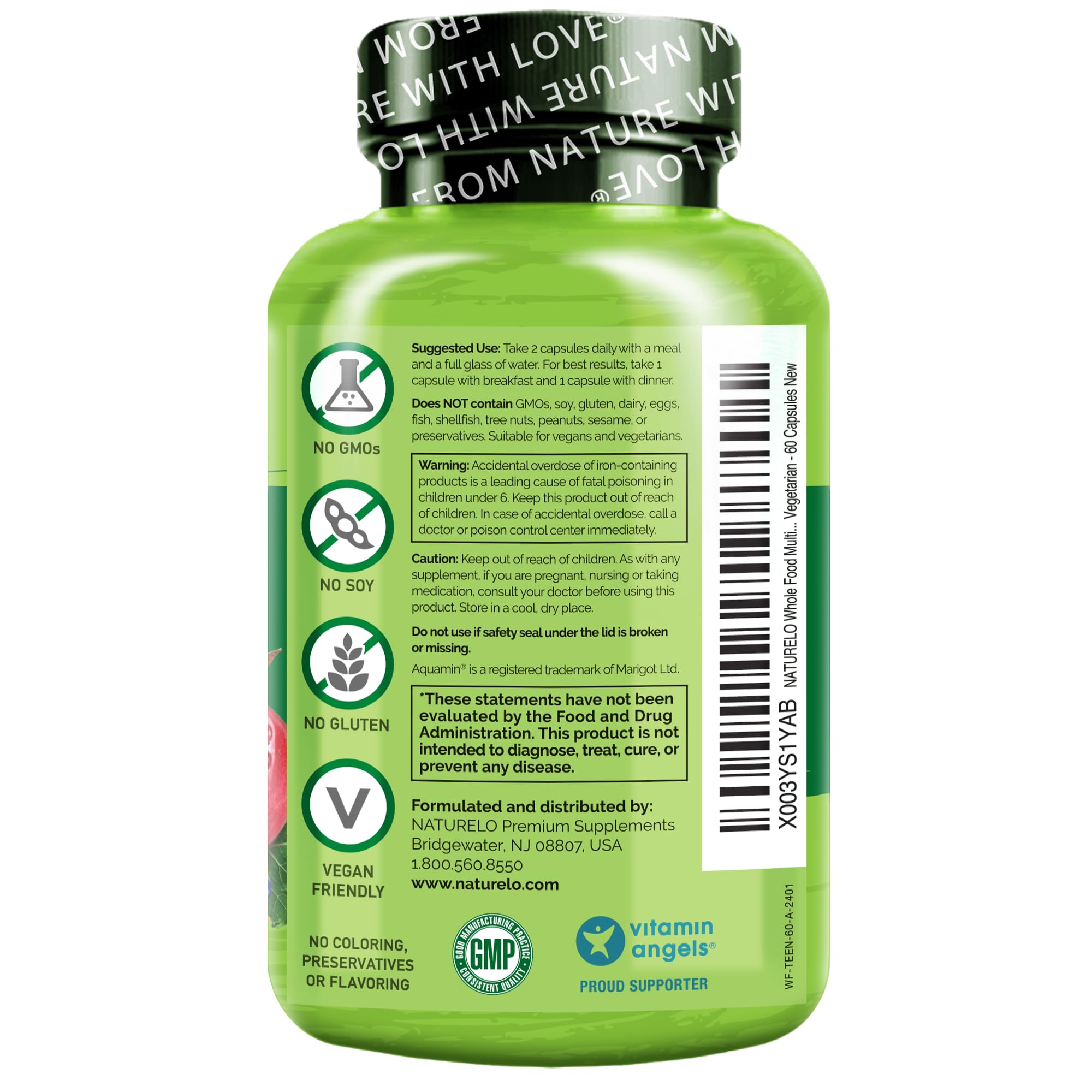 NATURELO Whole Food Multivitamin for Teens - Vitamins and Minerals for Teenage Boys and Girls - Supplement for Active Kids - with Organic Whole Foods - Non-GMO - Vegan & Vegetarian - 60 Capsules