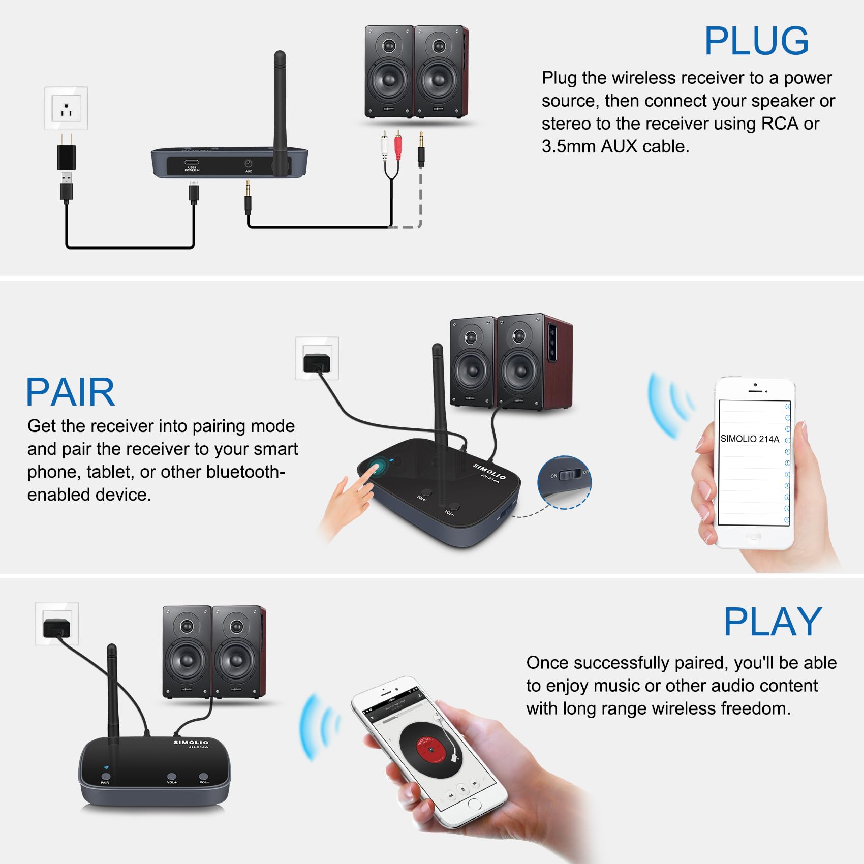 SIMOLIO Long Range Bluetooth Audio Adapter, HiFi Wireless Adapter for Home Stereo/Wired Speakers/Amplifier, Bluetooth to RCA 3.5mm AUX Receiver w/VOL Control for Music Streaming from Smartphone/Tablet