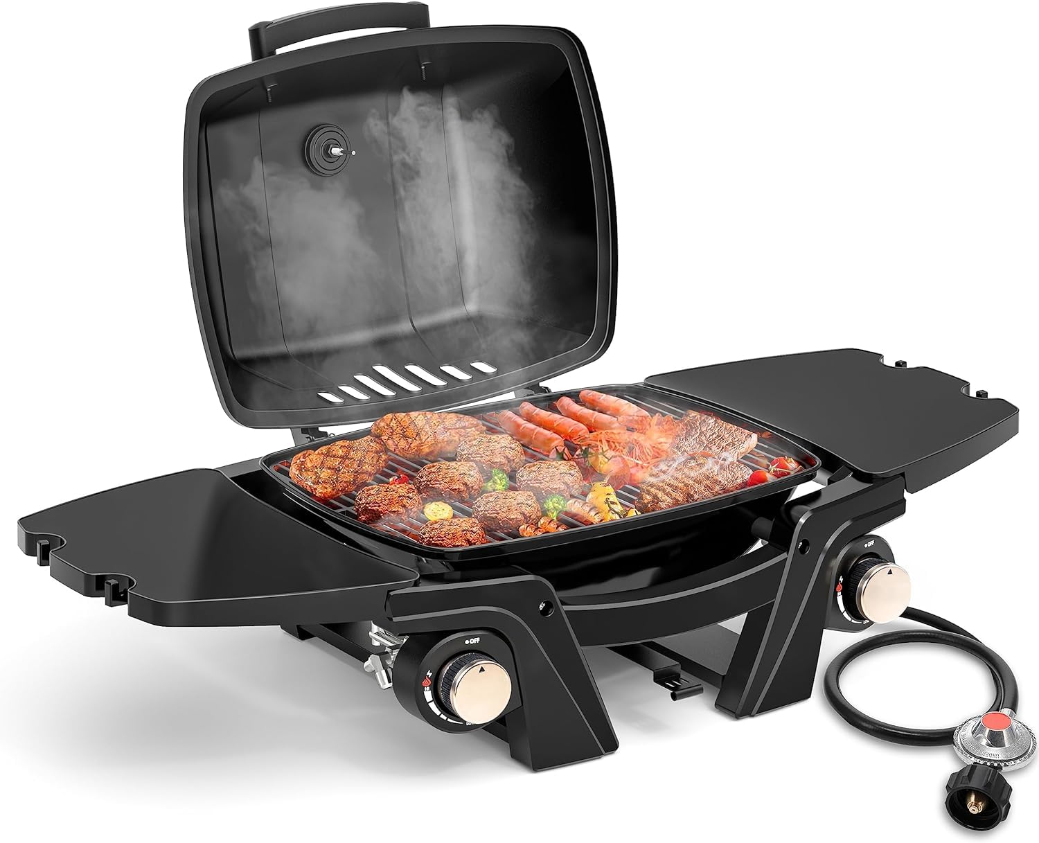 Kukoofyer Gas Grill Portable Propane Grill, Tabletop Grill Propane, 24,000 BTU Outdoor BBQ Grill Camping Grill with Two Burners, Removable Side Tables, Built in Thermometer, Black