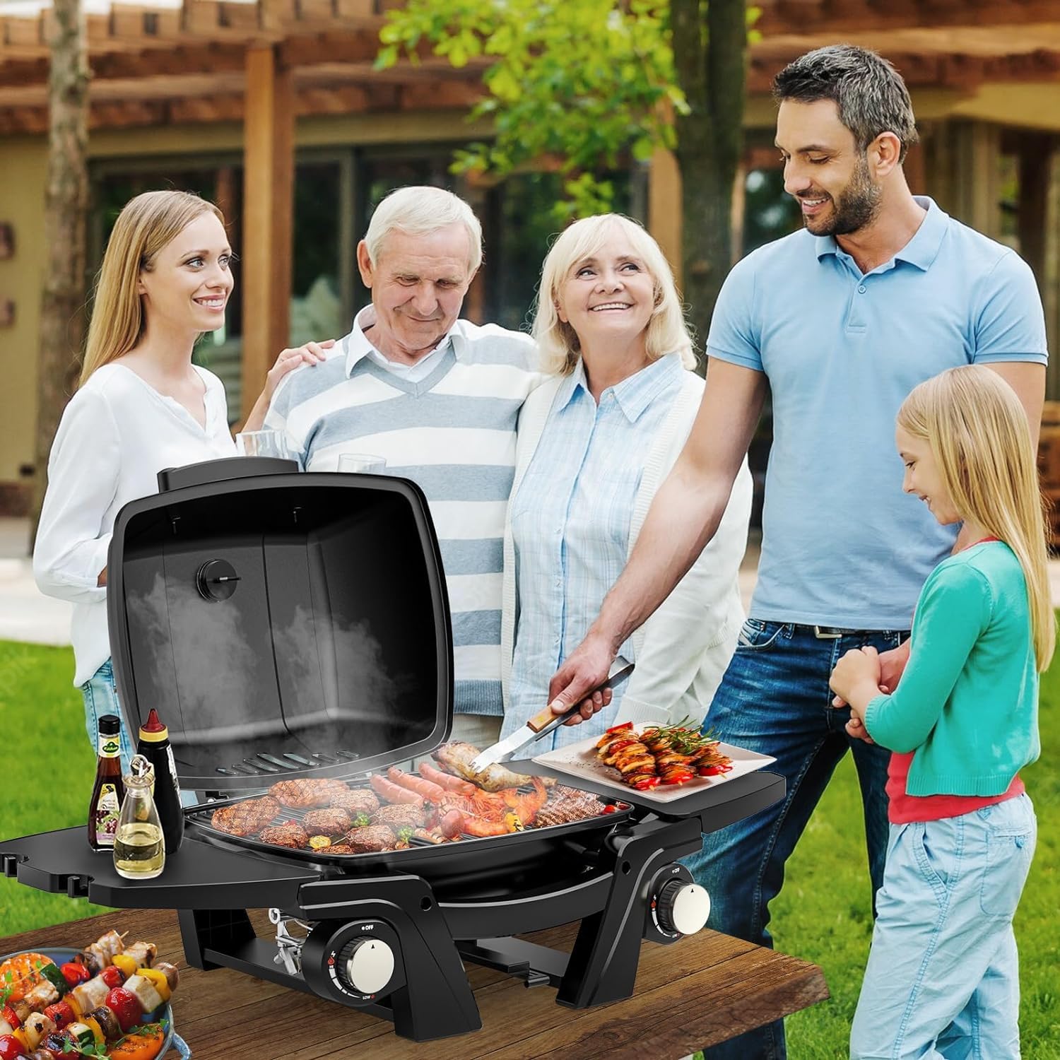 Kukoofyer Gas Grill Portable Propane Grill, Tabletop Grill Propane, 24,000 BTU Outdoor BBQ Grill Camping Grill with Two Burners, Removable Side Tables, Built in Thermometer, Black