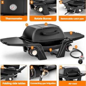 Kukoofyer Gas Grill Portable Propane Grill, Tabletop Grill Propane, 24,000 BTU Outdoor BBQ Grill Camping Grill with Two Burners, Removable Side Tables, Built in Thermometer, Black