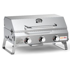 onlyfire tabletop gas grill 3 burners, 24" stainless steel portable propane grill with foldable legs for outdoor patio backyard camping, tailgating, rv trip, heavy duty & 24000btu, gs307