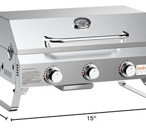 Onlyfire Tabletop Gas Grill 3 Burners, 24" Stainless Steel Portable Propane Grill with Foldable Legs for Outdoor Patio Backyard Camping, Tailgating, RV Trip, Heavy Duty & 24000BTU, GS307