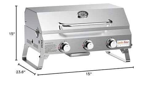 Onlyfire Tabletop Gas Grill 3 Burners, 24" Stainless Steel Portable Propane Grill with Foldable Legs for Outdoor Patio Backyard Camping, Tailgating, RV Trip, Heavy Duty & 24000BTU, GS307