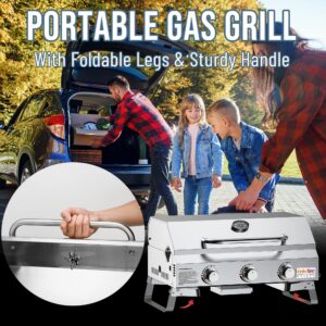 Onlyfire Tabletop Gas Grill 3 Burners, 24" Stainless Steel Portable Propane Grill with Foldable Legs for Outdoor Patio Backyard Camping, Tailgating, RV Trip, Heavy Duty & 24000BTU, GS307