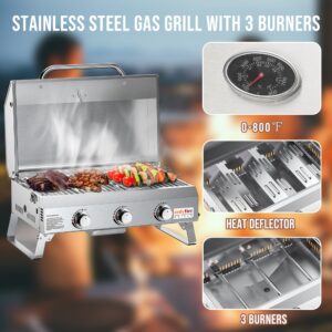 Onlyfire Tabletop Gas Grill 3 Burners, 24" Stainless Steel Portable Propane Grill with Foldable Legs for Outdoor Patio Backyard Camping, Tailgating, RV Trip, Heavy Duty & 24000BTU, GS307