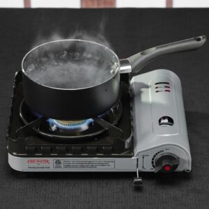 Chef Master 90019 Portable Butane Stove | 15,000 BTU Single Burner Gas Stove | Camping and Backpacking Essentials | Piezo Click Ignition | Double Wind Guard Burner | Hard Carrying Case