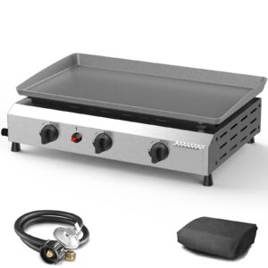 adreak 25.6 inch 3 burner bbq gas grill griddle, stainless steel portable detachable 30,000 btu table top propane barbecue grill for camping or tailgating (upgraded griddle)