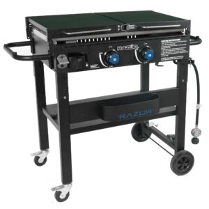 razor griddle portable 2-burner 30,000 btu gas flattop grill & griddle combo cart with foldable side shelves, paper towel and condiment holder, black