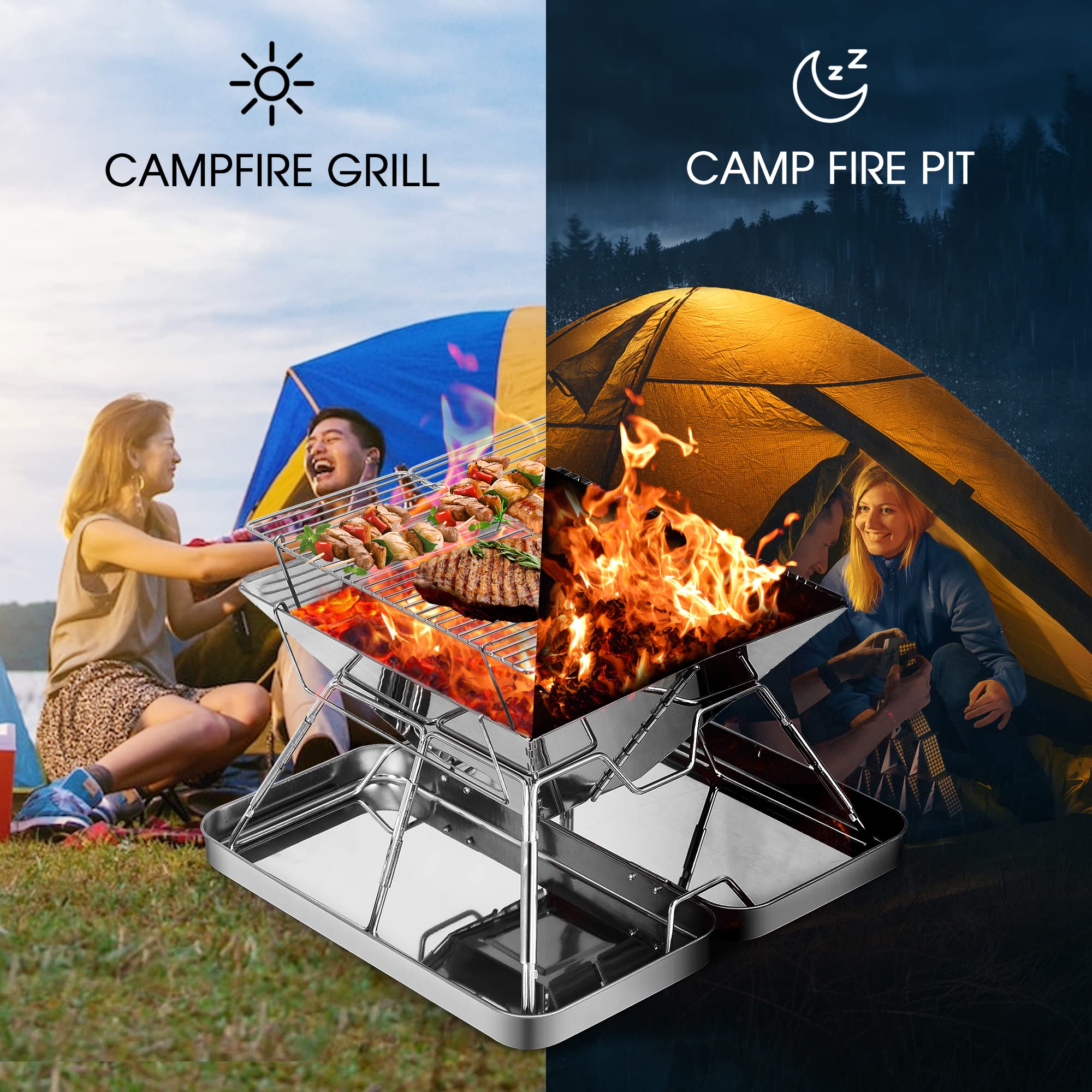 Fltom Portable Charcoal Grill, Folding Stainless Steel Camping Fire Pit, Backpacking Grill for Outdoor Cooking Hiking Camping Picnics