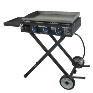 razor griddle portable 3-burner 30,000 btu gas flattop grill & griddle combo with 25" x 16" cooking surface area, foldable cart & side shelf, black