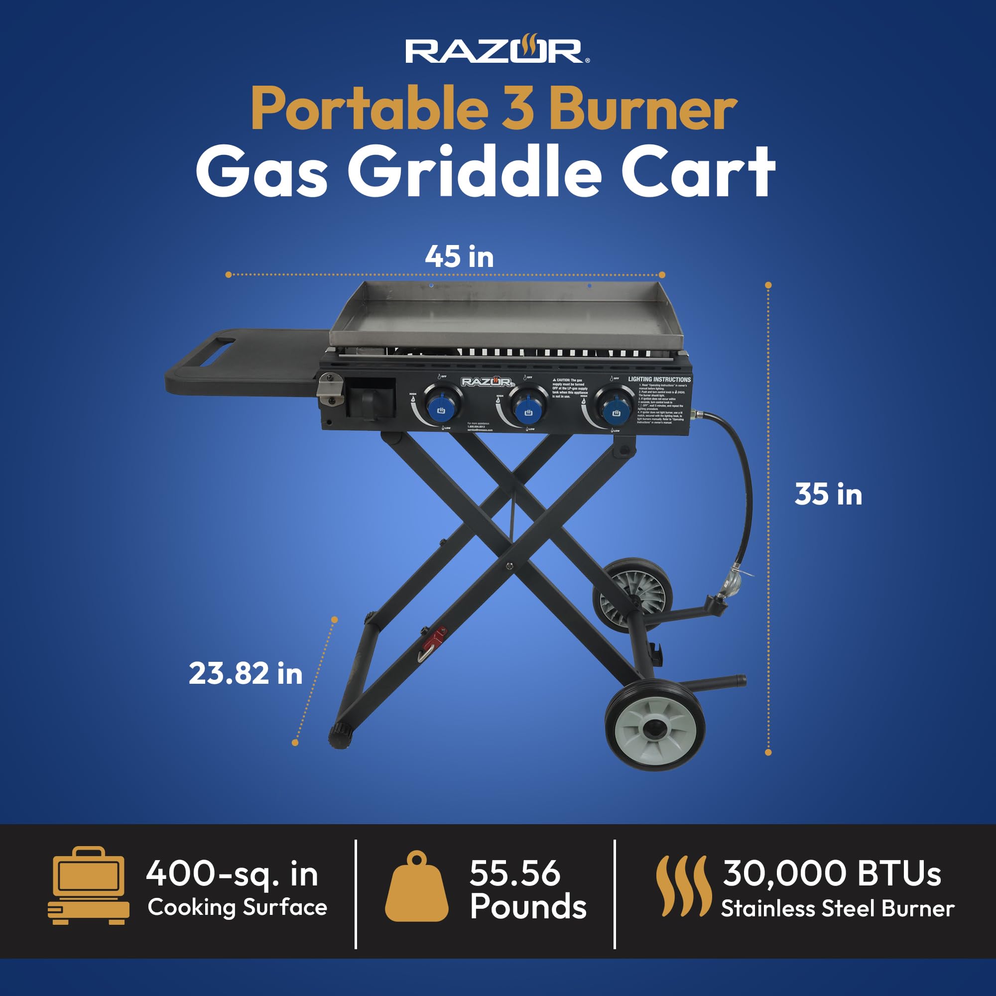 Razor Griddle Portable 3-Burner 30,000 BTU Gas Flattop Grill & Griddle Combo with 25" x 16" Cooking Surface Area, Foldable Cart & Side Shelf, Black